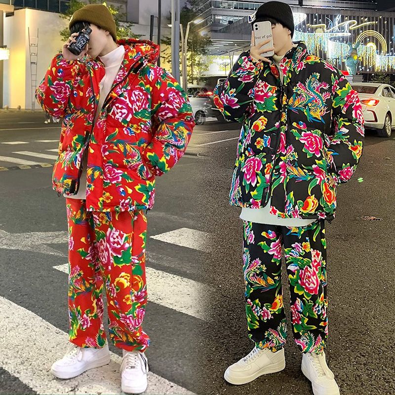 Large Flower Cotton-padded Hooded Jacket and Pants 2-piece Set – spainho